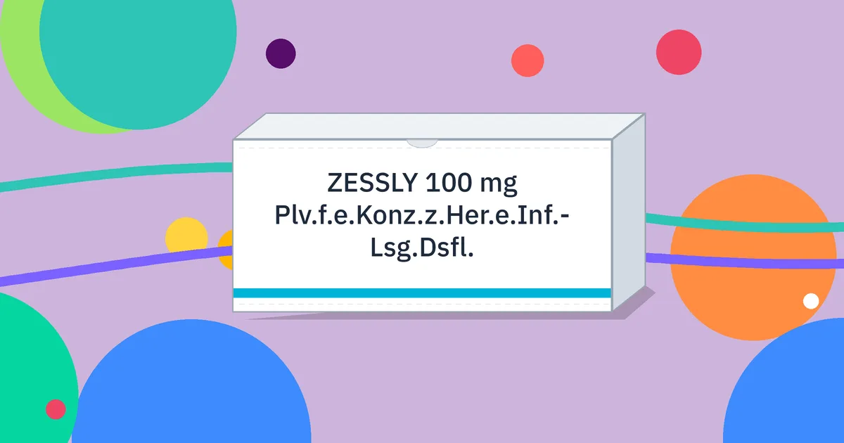 Symbolbild: Packung mit der Aufschrift ZESSLY 100 mg Plv.f.e.Konz.z.Her.e.Inf.-Lsg.Dsfl. (PZN 20210188) – Verfügbarkeit und Bezug in Apotheken in Frankfurt am Main