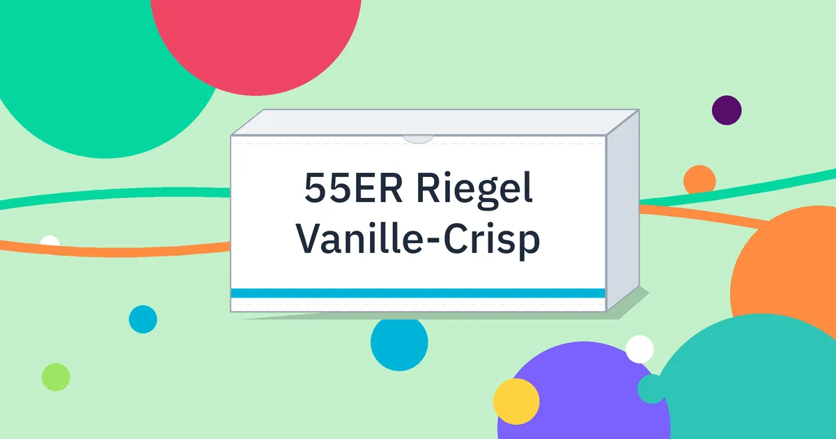 Symbolbild: Packung mit der Aufschrift 55ER Riegel Vanille-Crisp (PZN 11348640) – Verfügbarkeit und Bezug in Apotheken in Frankfurt am Main