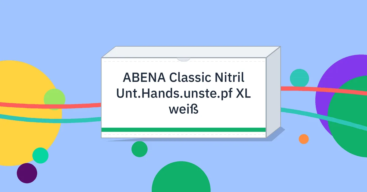 Symbolbild: Packung mit der Aufschrift ABENA Classic Nitril Unt.Hands.unste.pf XL weiß (PZN 12519693) – Verfügbarkeit und Bezug in Apotheken in Frankfurt am Main