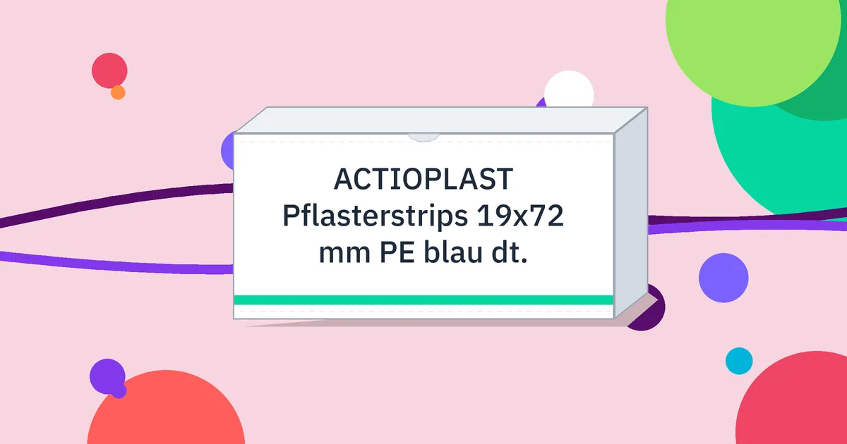 Symbolbild: Packung mit der Aufschrift ACTIOPLAST Pflasterstrips 19x72 mm PE blau dt. (PZN 06589123) – Verfügbarkeit und Bezug in Apotheken in Frankfurt am Main