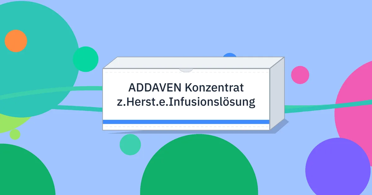 Symbolbild: Packung mit der Aufschrift ADDAVEN Konzentrat z.Herst.e.Infusionslösung (PZN 13656044) – Verfügbarkeit und Bezug in Apotheken in Frankfurt am Main