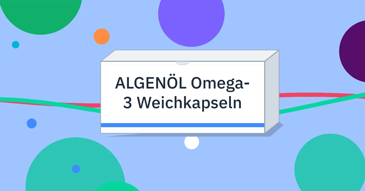 Symbolbild: Packung mit der Aufschrift ALGENÖL Omega-3 Weichkapseln (PZN 16044353) – Verfügbarkeit und Bezug in Apotheken in Frankfurt am Main