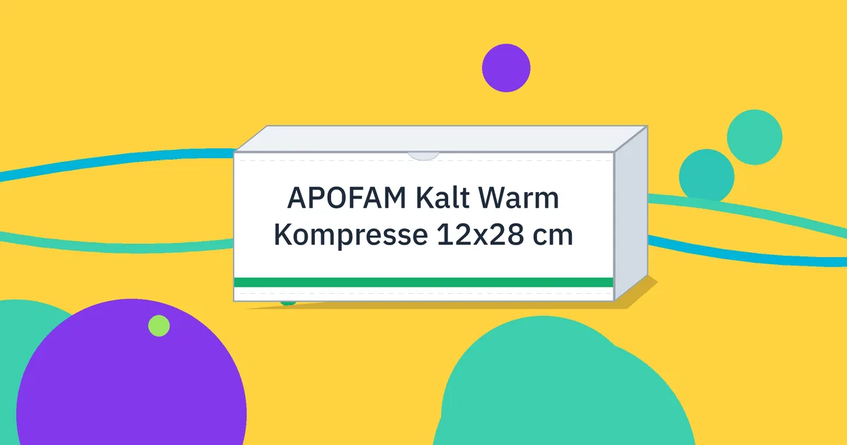 Symbolbild: Packung mit der Aufschrift APOFAM Kalt Warm Kompresse 12x28 cm (PZN 06897971) – Verfügbarkeit und Bezug in Apotheken in Frankfurt am Main