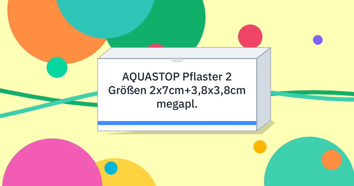 Symbolbild: Packung mit der Aufschrift AQUASTOP Pflaster 2 Größen 2x7cm+3,8x3,8cm megapl. (PZN 16500271) – Verfügbarkeit und Bezug in Apotheken in Frankfurt am Main
