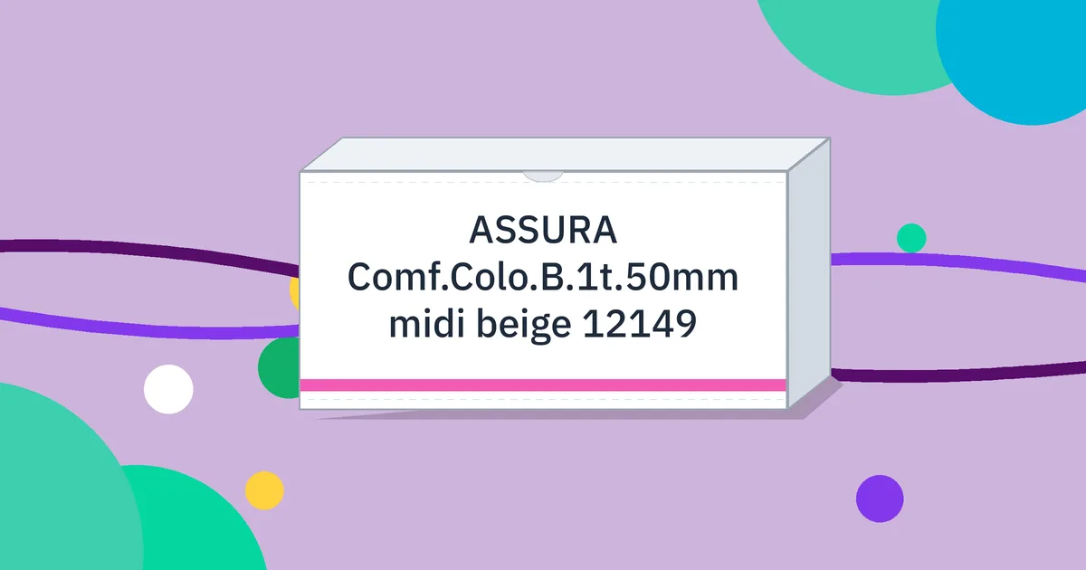 Symbolbild: Packung mit der Aufschrift ASSURA Comf.Colo.B.1t.50mm midi beige 12149 (PZN 08996128) – Verfügbarkeit und Bezug in Apotheken in Frankfurt am Main