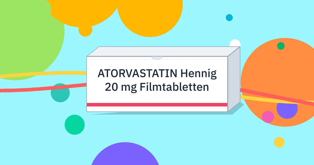 Symbolbild: Packung mit der Aufschrift ATORVASTATIN Hennig 20 mg Filmtabletten (PZN 09533264) – Verfügbarkeit und Bezug in Apotheken in Frankfurt am Main