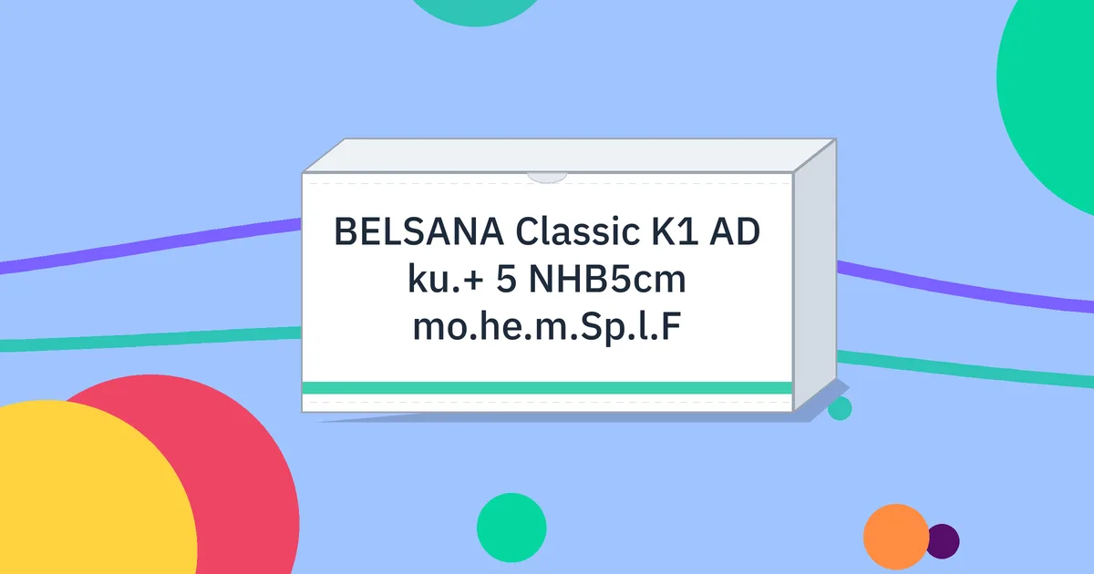 Symbolbild: Packung mit der Aufschrift BELSANA Classic K1 AD ku.+ 5 NHB5cm mo.he.m.Sp.l.F (PZN 19256682) – Verfügbarkeit und Bezug in Apotheken in Frankfurt am Main