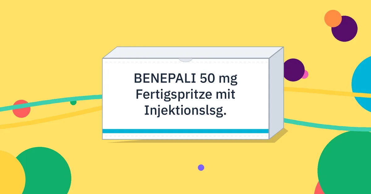 Symbolbild: Packung mit der Aufschrift BENEPALI 50 mg Fertigspritze mit Injektionslsg. (PZN 13577132) – Verfügbarkeit und Bezug in Apotheken in Frankfurt am Main