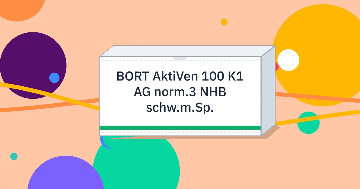 Symbolbild: Packung mit der Aufschrift BORT AktiVen 100 K1 AG norm.3 NHB schw.m.Sp. (PZN 14388232) – Verfügbarkeit und Bezug in Apotheken in Frankfurt am Main