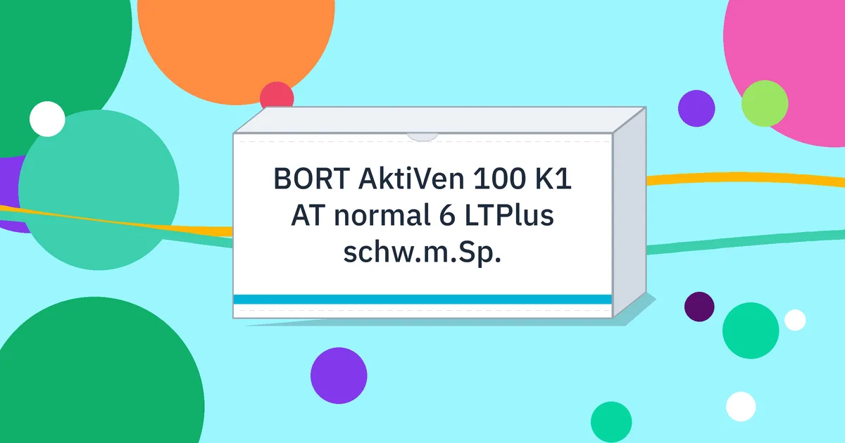 Symbolbild: Packung mit der Aufschrift BORT AktiVen 100 K1 AT normal 6 LTPlus schw.m.Sp. (PZN 18175935) – Verfügbarkeit und Bezug in Apotheken in Frankfurt am Main