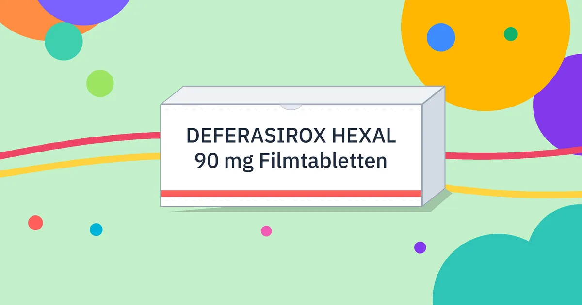 Symbolbild: Packung mit der Aufschrift DEFERASIROX HEXAL 90 mg Filmtabletten (PZN 17617561) – Verfügbarkeit und Bezug in Apotheken in Frankfurt am Main