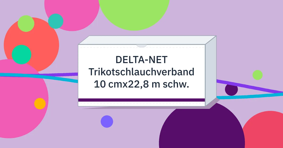 Symbolbild: Packung mit der Aufschrift DELTA-NET Trikotschlauchverband 10 cmx22,8 m schw. (PZN 16127441) – Verfügbarkeit und Bezug in Apotheken in Frankfurt am Main