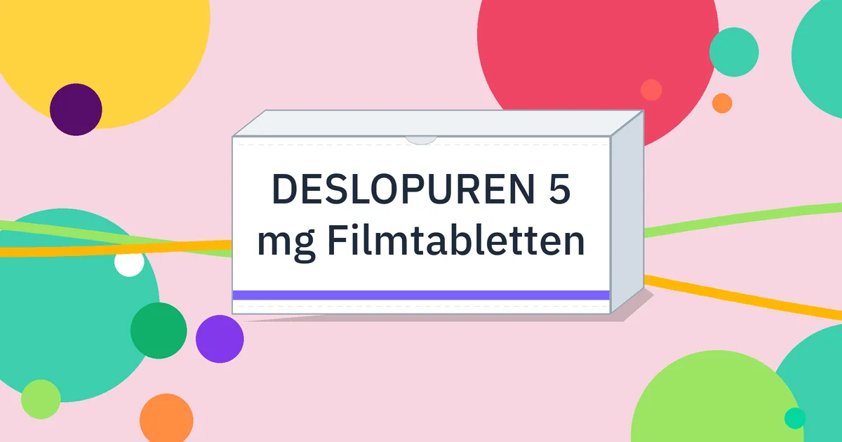 Symbolbild: Packung mit der Aufschrift DESLOPUREN 5 mg Filmtabletten (PZN 16861750) – Verfügbarkeit und Bezug in Apotheken in Frankfurt am Main
