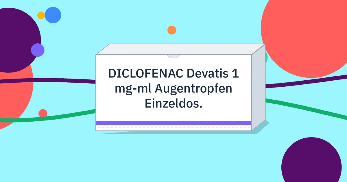 Symbolbild: Packung mit der Aufschrift DICLOFENAC Devatis 1 mg-ml Augentropfen Einzeldos. (PZN 14251361) – Verfügbarkeit und Bezug in Apotheken in Frankfurt am Main