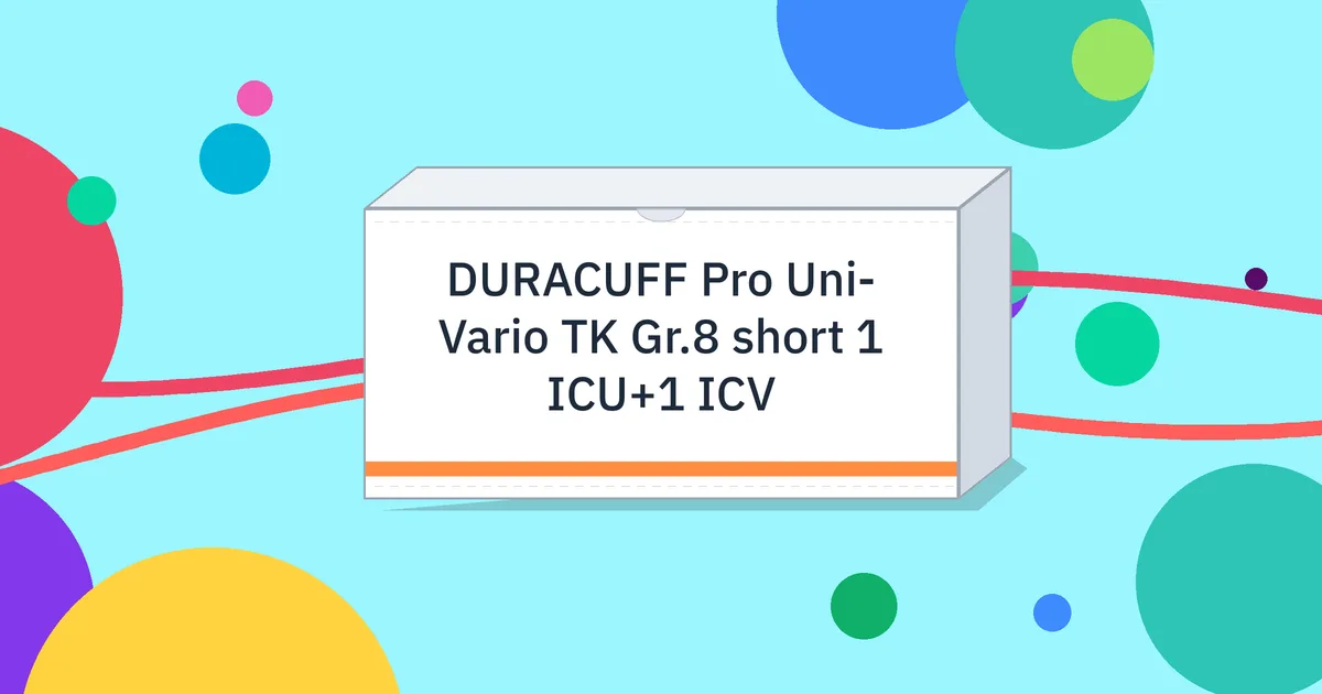 Symbolbild: Packung mit der Aufschrift DURACUFF Pro Uni-Vario TK Gr.8 short 1 ICU+1 ICV (PZN 19244207) – Verfügbarkeit und Bezug in Apotheken in Frankfurt am Main