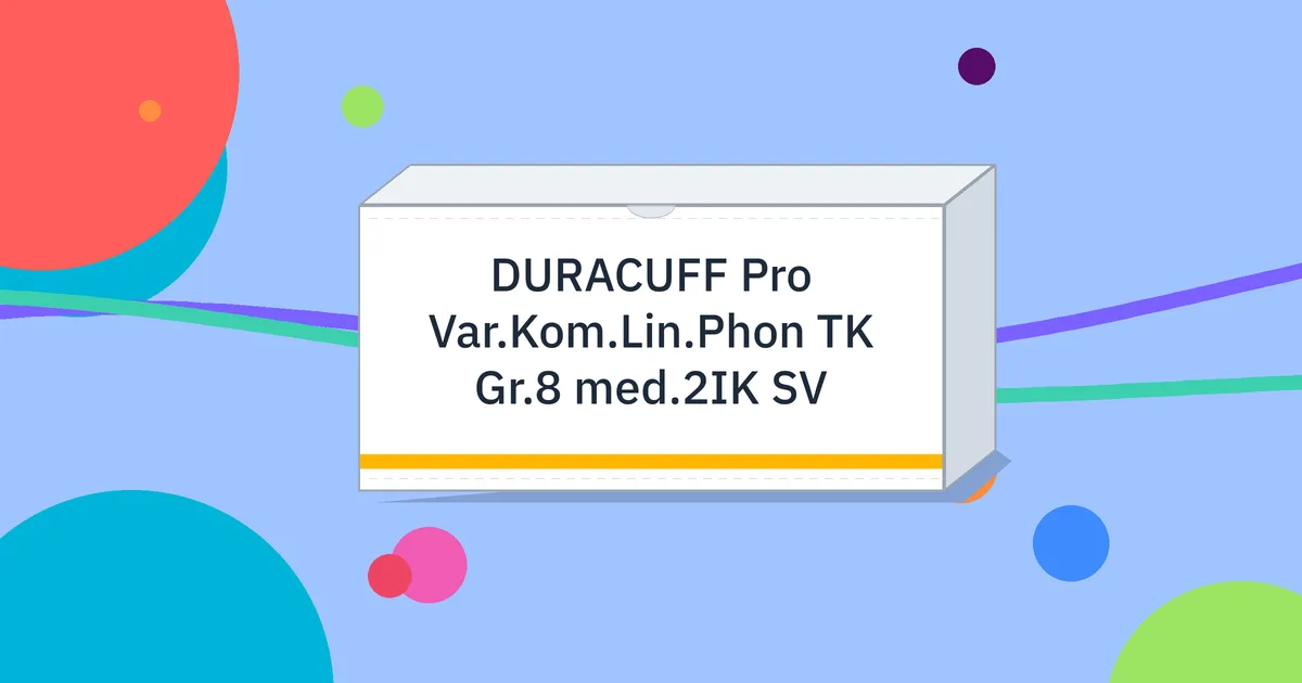 Symbolbild: Packung mit der Aufschrift DURACUFF Pro Var.Kom.Lin.Phon TK Gr.8 med.2IK SV (PZN 19245098) – Verfügbarkeit und Bezug in Apotheken in Frankfurt am Main