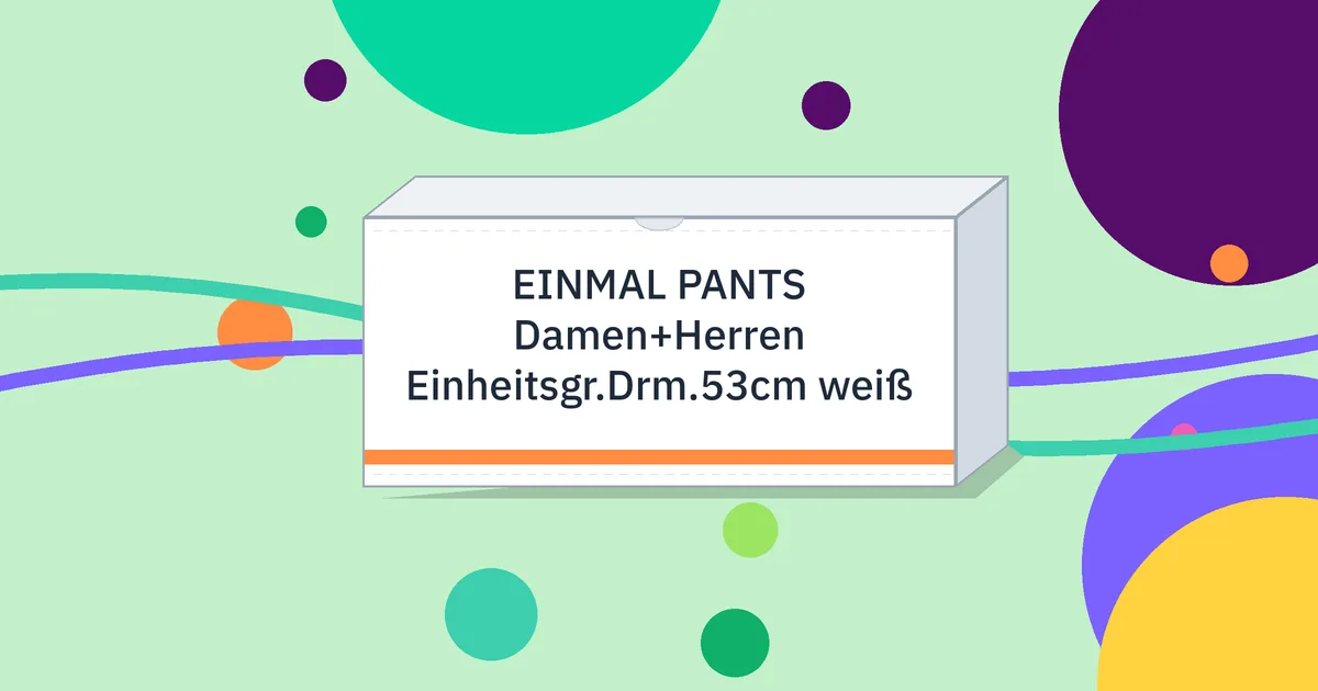 Symbolbild: Packung mit der Aufschrift EINMAL PANTS Damen+Herren Einheitsgr.Drm.53cm weiß (PZN 13918981) – Verfügbarkeit und Bezug in Apotheken in Frankfurt am Main
