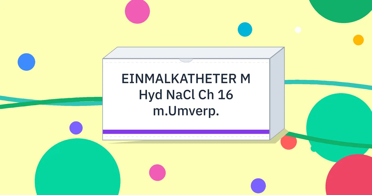 Symbolbild: Packung mit der Aufschrift EINMALKATHETER M Hyd NaCl Ch 16 m.Umverp. (PZN 01054268) – Verfügbarkeit und Bezug in Apotheken in Frankfurt am Main