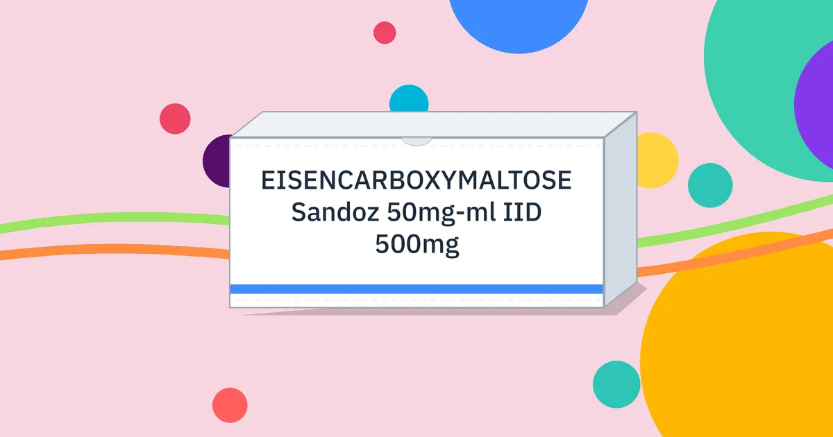 Symbolbild: Packung mit der Aufschrift EISENCARBOXYMALTOSE Sandoz 50mg-ml IID 500mg (PZN 19980975) – Verfügbarkeit und Bezug in Apotheken in Frankfurt am Main