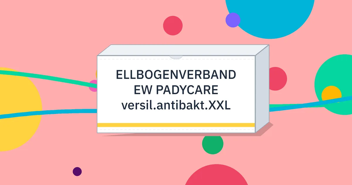 Symbolbild: Packung mit der Aufschrift ELLBOGENVERBAND EW PADYCARE versil.antibakt.XXL (PZN 10940170) – Verfügbarkeit und Bezug in Apotheken in Frankfurt am Main