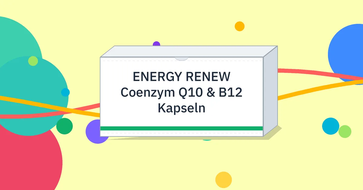 Symbolbild: Packung mit der Aufschrift ENERGY RENEW Coenzym Q10 & B12 Kapseln (PZN 20222493) – Verfügbarkeit und Bezug in Apotheken in Frankfurt am Main