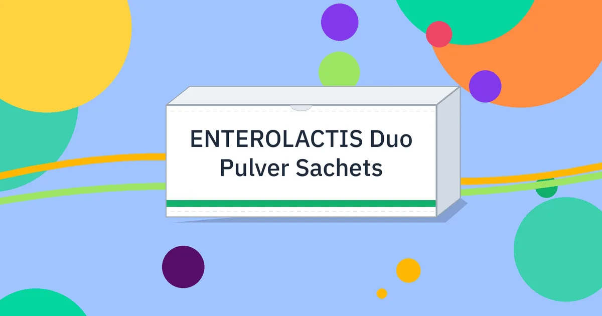Symbolbild: Packung mit der Aufschrift ENTEROLACTIS Duo Pulver Sachets (PZN 19379806) – Verfügbarkeit und Bezug in Apotheken in Frankfurt am Main