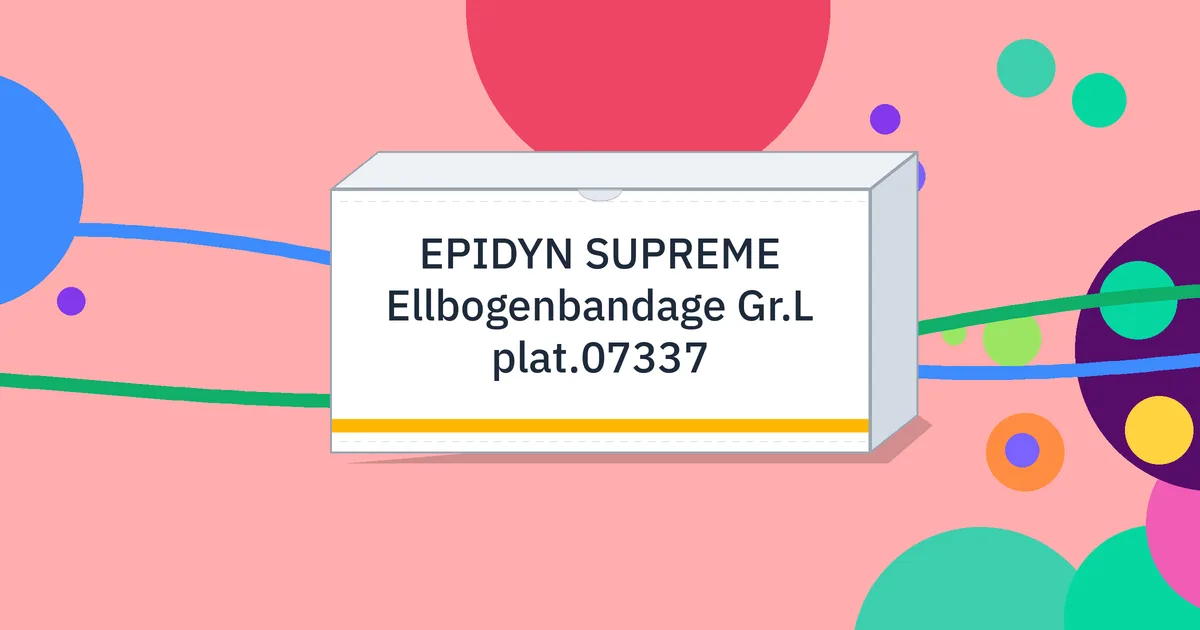 Symbolbild: Packung mit der Aufschrift EPIDYN SUPREME Ellbogenbandage Gr.L plat.07337 (PZN 15200733) – Verfügbarkeit und Bezug in Apotheken in Frankfurt am Main