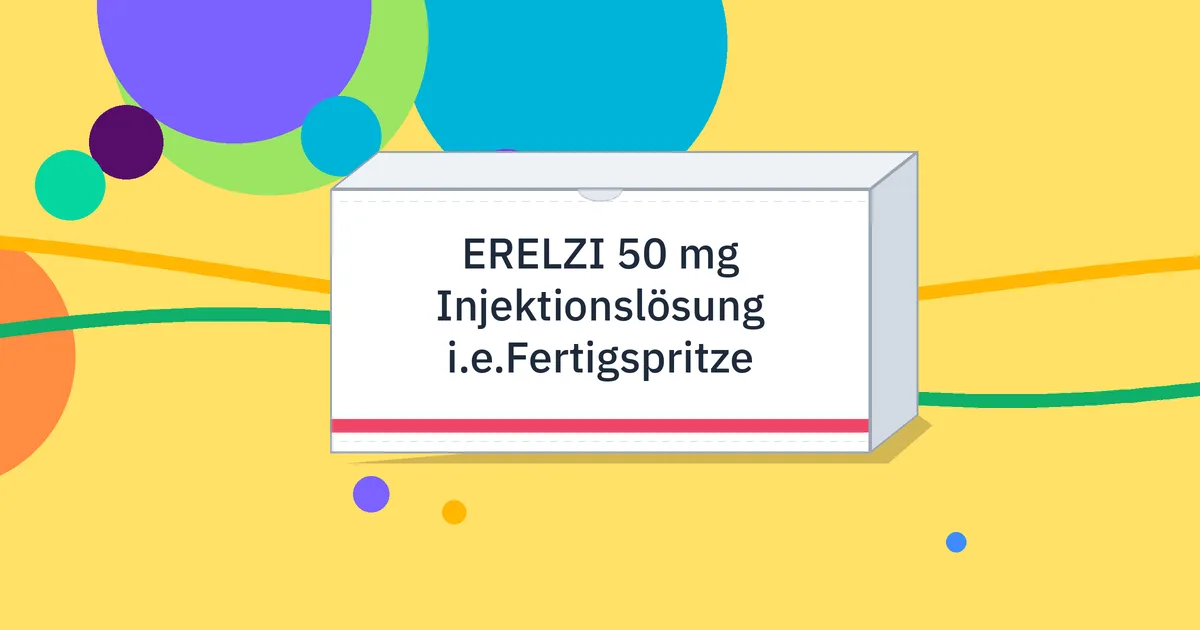 Symbolbild: Packung mit der Aufschrift ERELZI 50 mg Injektionslösung i.e.Fertigspritze (PZN 15200176) – Verfügbarkeit und Bezug in Apotheken in Frankfurt am Main