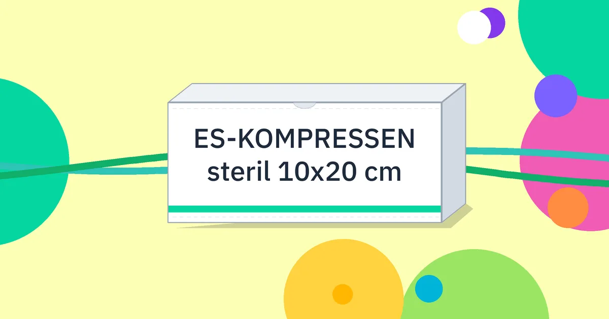 Symbolbild: Packung mit der Aufschrift ES-KOMPRESSEN steril 10x20 cm (PZN 09396198) – Verfügbarkeit und Bezug in Apotheken in Frankfurt am Main