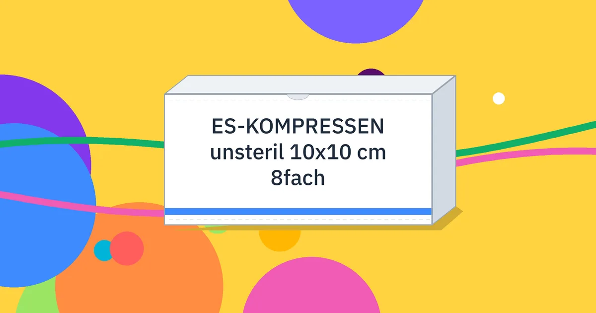 Symbolbild: Packung mit der Aufschrift ES-KOMPRESSEN unsteril 10x10 cm 8fach (PZN 16205224) – Verfügbarkeit und Bezug in Apotheken in Frankfurt am Main