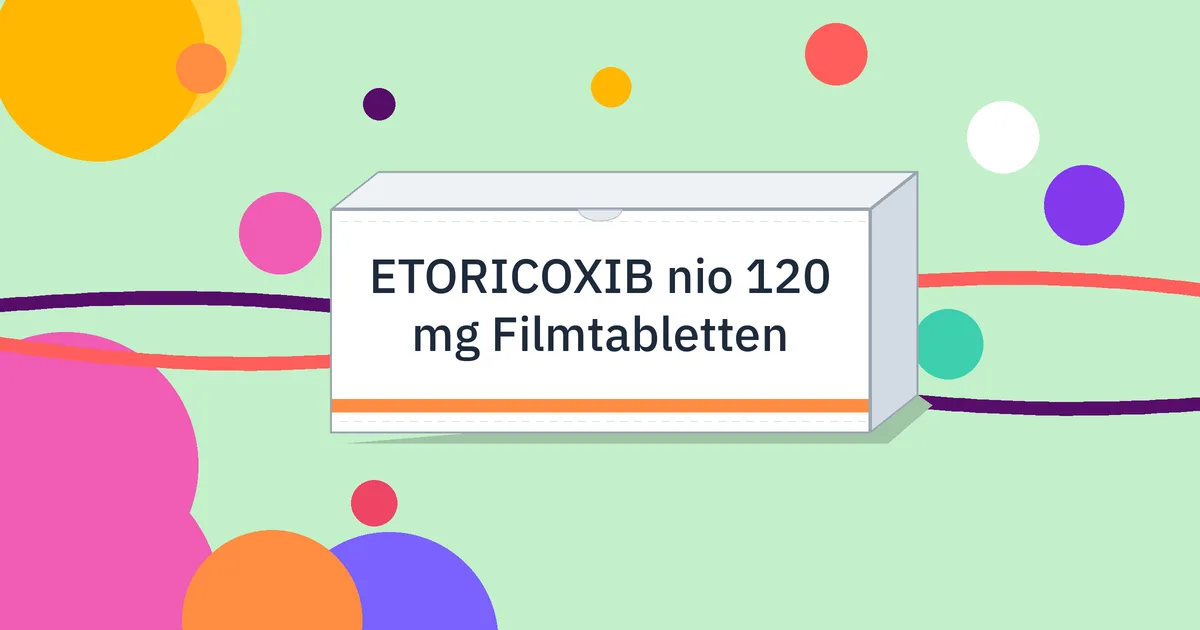 Symbolbild: Packung mit der Aufschrift ETORICOXIB nio 120 mg Filmtabletten (PZN 20348219) – Verfügbarkeit und Bezug in Apotheken in Frankfurt am Main