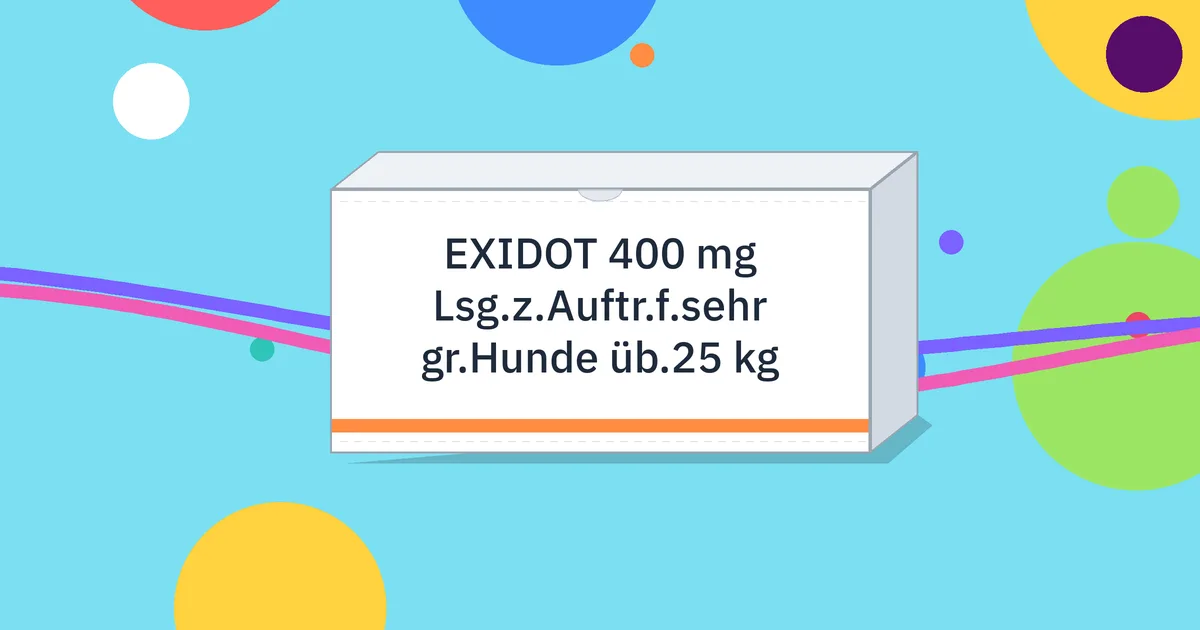 Symbolbild: Packung mit der Aufschrift EXIDOT 400 mg Lsg.z.Auftr.f.sehr gr.Hunde üb.25 kg (PZN 16828899) – Verfügbarkeit und Bezug in Apotheken in Frankfurt am Main