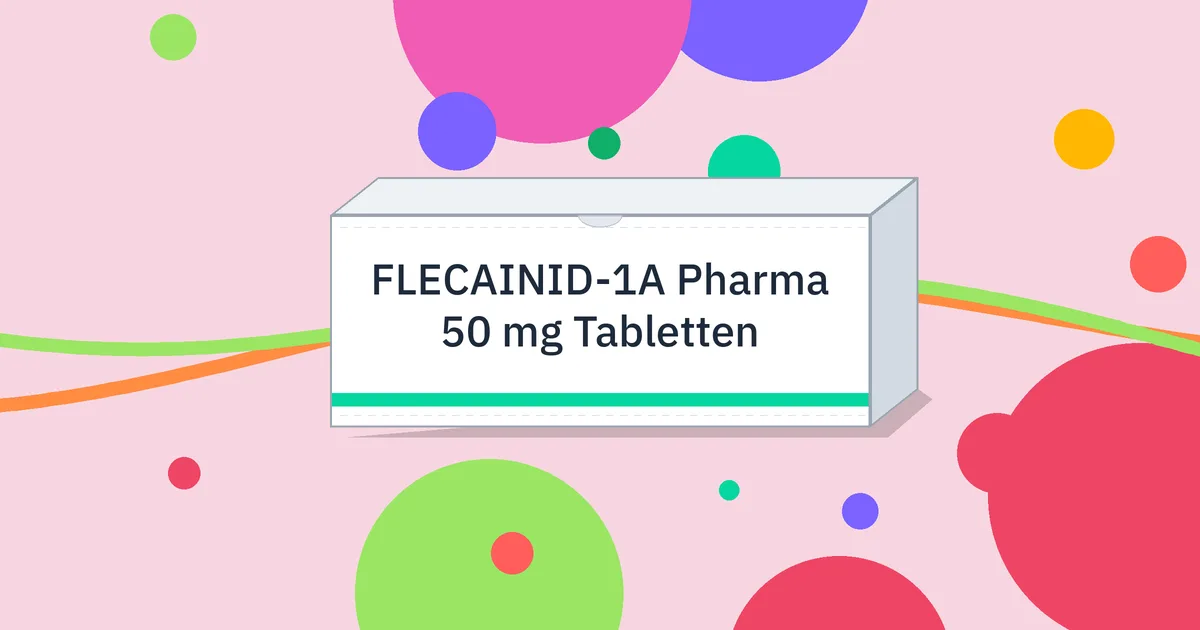 Symbolbild: Packung mit der Aufschrift FLECAINID-1A Pharma 50 mg Tabletten (PZN 01891248) – Verfügbarkeit und Bezug in Apotheken in Frankfurt am Main