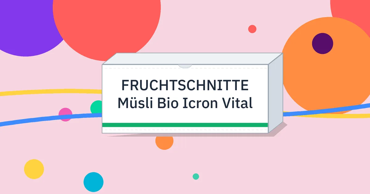 Symbolbild: Packung mit der Aufschrift FRUCHTSCHNITTE Müsli Bio Icron Vital (PZN 01912022) – Verfügbarkeit und Bezug in Apotheken in Frankfurt am Main