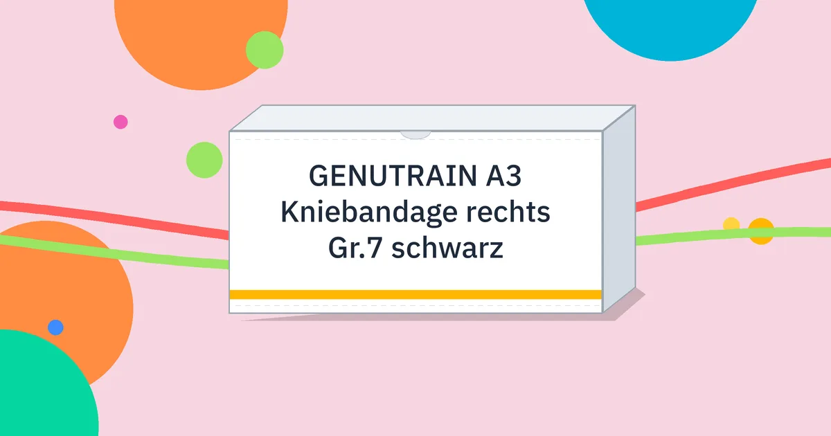 Symbolbild: Packung mit der Aufschrift GENUTRAIN A3 Kniebandage rechts Gr.7 schwarz (PZN 19100052) – Verfügbarkeit und Bezug in Apotheken in Frankfurt am Main