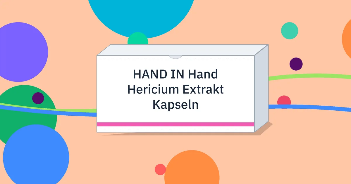 Symbolbild: Packung mit der Aufschrift HAND IN Hand Hericium Extrakt Kapseln (PZN 19421916) – Verfügbarkeit und Bezug in Apotheken in Frankfurt am Main