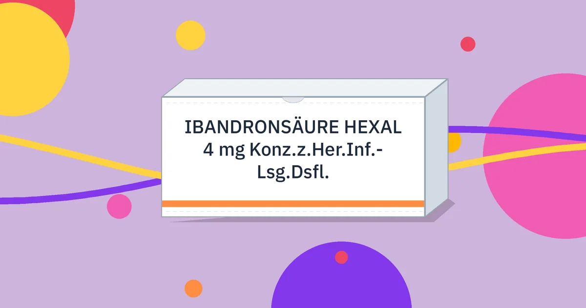 Symbolbild: Packung mit der Aufschrift IBANDRONSÄURE HEXAL 4 mg Konz.z.Her.Inf.-Lsg.Dsfl. (PZN 10135356) – Verfügbarkeit und Bezug in Apotheken in Frankfurt am Main