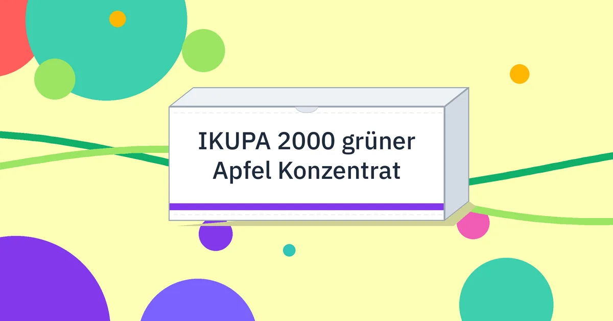 Symbolbild: Packung mit der Aufschrift IKUPA 2000 grüner Apfel Konzentrat (PZN 05977886) – Verfügbarkeit und Bezug in Apotheken in Frankfurt am Main