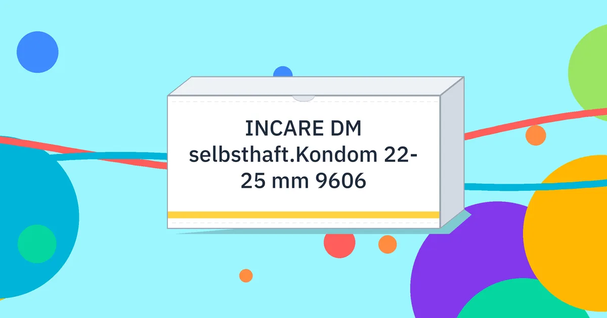 Symbolbild: Packung mit der Aufschrift INCARE DM selbsthaft.Kondom 22-25 mm 9606 (PZN 03662670) – Verfügbarkeit und Bezug in Apotheken in Frankfurt am Main