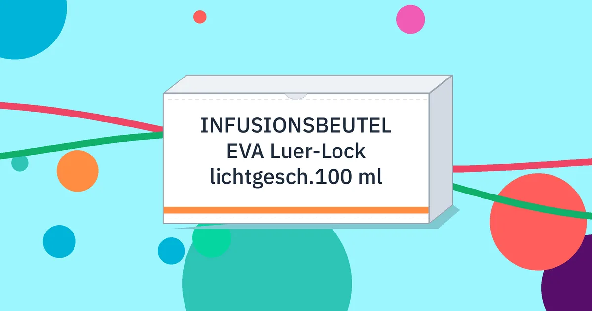 Symbolbild: Packung mit der Aufschrift INFUSIONSBEUTEL EVA Luer-Lock lichtgesch.100 ml (PZN 06815832) – Verfügbarkeit und Bezug in Apotheken in Frankfurt am Main