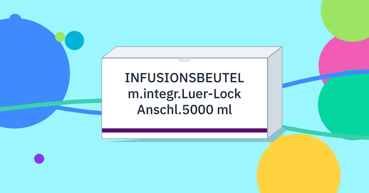 Symbolbild: Packung mit der Aufschrift INFUSIONSBEUTEL m.integr.Luer-Lock Anschl.5000 ml (PZN 07288530) – Verfügbarkeit und Bezug in Apotheken in Frankfurt am Main
