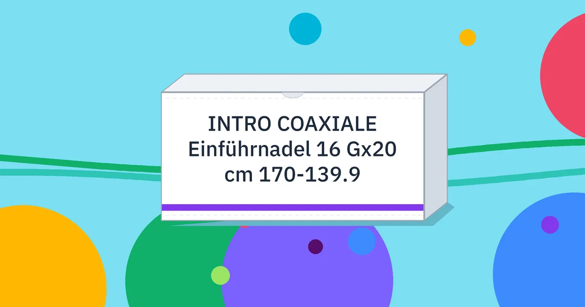 Symbolbild: Packung mit der Aufschrift INTRO COAXIALE Einführnadel 16 Gx20 cm 170-139.9 (PZN 16946239) – Verfügbarkeit und Bezug in Apotheken in Frankfurt am Main
