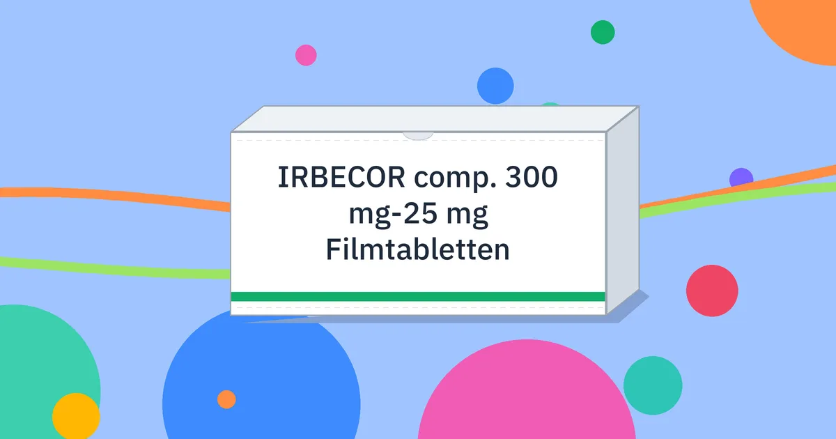 Symbolbild: Packung mit der Aufschrift IRBECOR comp. 300 mg-25 mg Filmtabletten (PZN 09765135) – Verfügbarkeit und Bezug in Apotheken in Frankfurt am Main