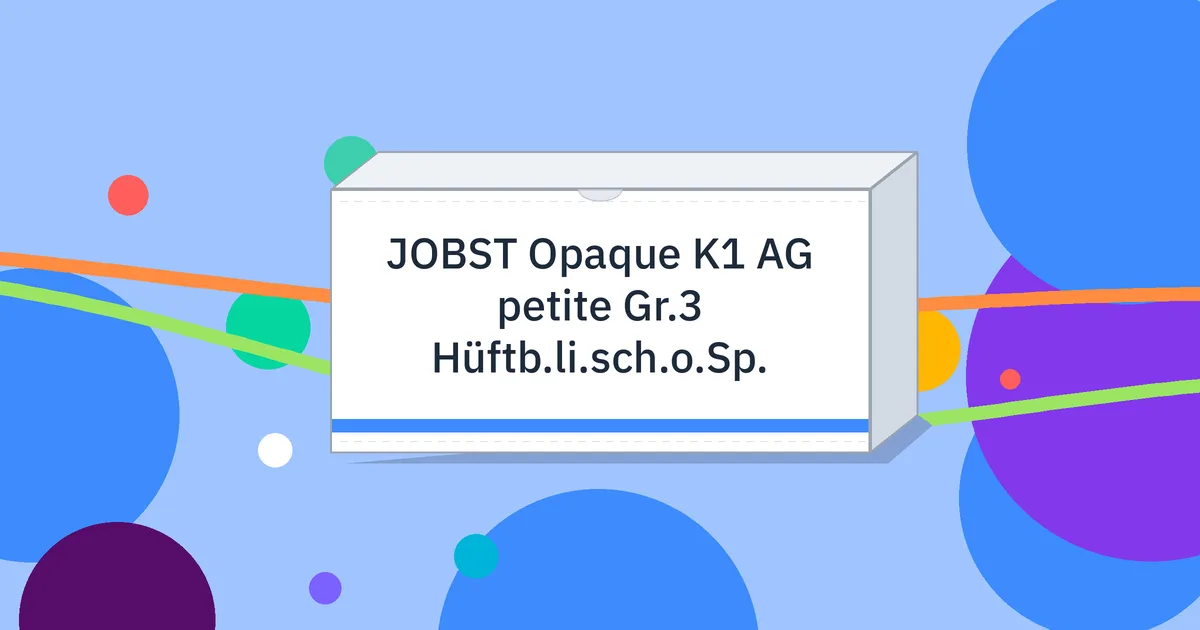 Symbolbild: Packung mit der Aufschrift JOBST Opaque K1 AG petite Gr.3 Hüftb.li.sch.o.Sp. (PZN 13098118) – Verfügbarkeit und Bezug in Apotheken in Frankfurt am Main