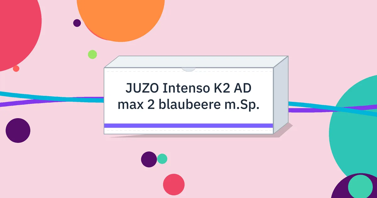 Symbolbild: Packung mit der Aufschrift JUZO Intenso K2 AD max 2 blaubeere m.Sp. (PZN 18609279) – Verfügbarkeit und Bezug in Apotheken in Frankfurt am Main