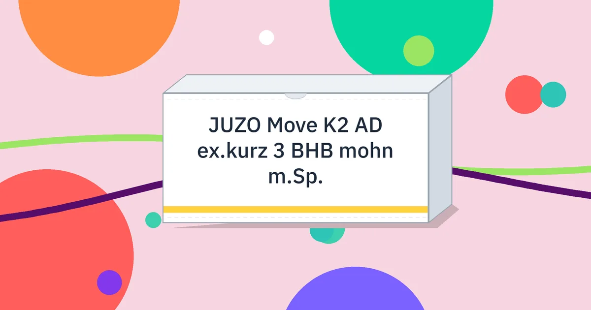 Symbolbild: Packung mit der Aufschrift JUZO Move K2 AD ex.kurz 3 BHB mohn m.Sp. (PZN 18542026) – Verfügbarkeit und Bezug in Apotheken in Frankfurt am Main