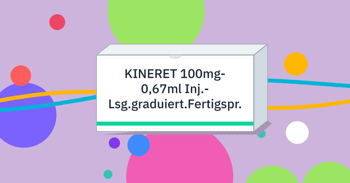 Symbolbild: Packung mit der Aufschrift KINERET 100mg-0,67ml Inj.-Lsg.graduiert.Fertigspr. (PZN 20358844) – Verfügbarkeit und Bezug in Apotheken in Frankfurt am Main