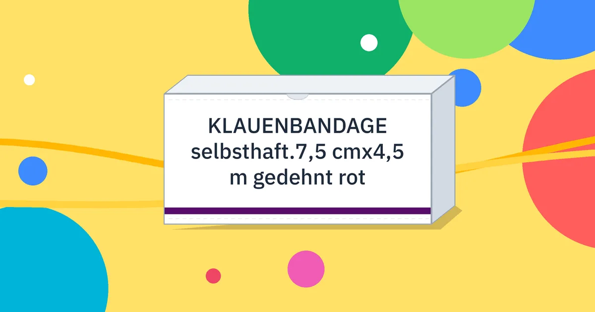 Symbolbild: Packung mit der Aufschrift KLAUENBANDAGE selbsthaft.7,5 cmx4,5 m gedehnt rot (PZN 15658320) – Verfügbarkeit und Bezug in Apotheken in Frankfurt am Main