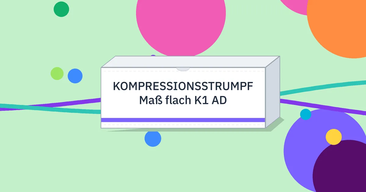 Symbolbild: Packung mit der Aufschrift KOMPRESSIONSSTRUMPF Maß flach K1 AD (PZN 16745015) – Verfügbarkeit und Bezug in Apotheken in Frankfurt am Main