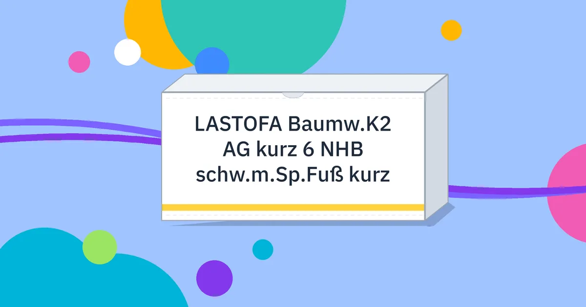 Symbolbild: Packung mit der Aufschrift LASTOFA Baumw.K2 AG kurz 6 NHB schw.m.Sp.Fuß kurz (PZN 01948221) – Verfügbarkeit und Bezug in Apotheken in Frankfurt am Main